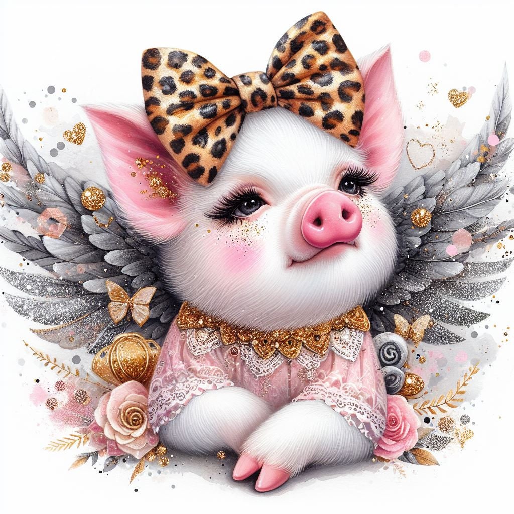 Farm Pig Angel Watercolor Clipart Cute Farm Pig Leopard Bow Baby Pig ...