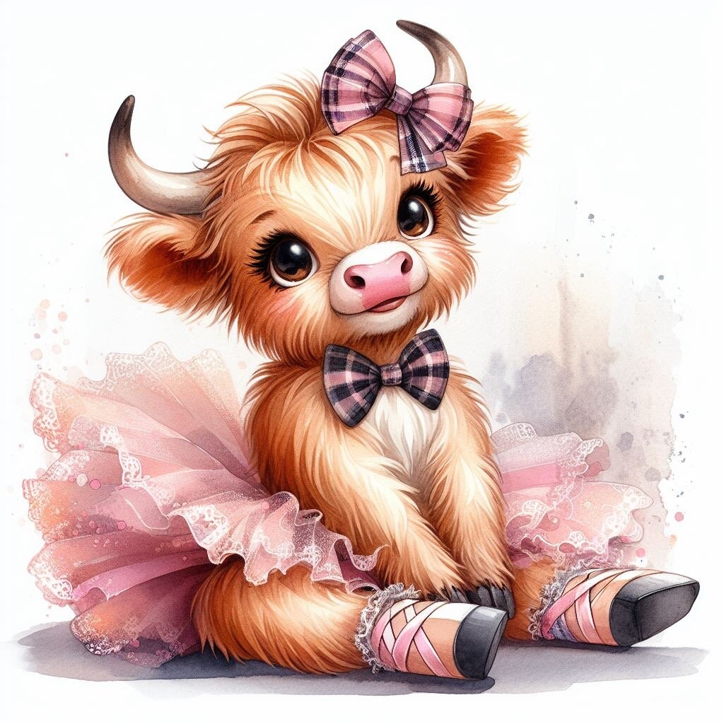 Highland Cow Ballerina Watercolor Clipart Cute Leopard Bow Baby Cow PNG ...