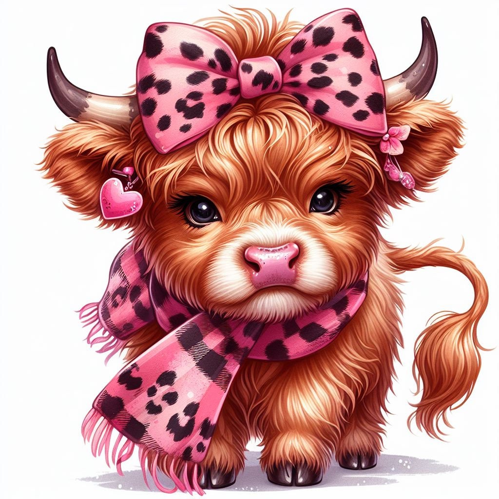 Highland Cow Watercolor Clipart Cute Leopard Bow Baby Cow Png And Jpg