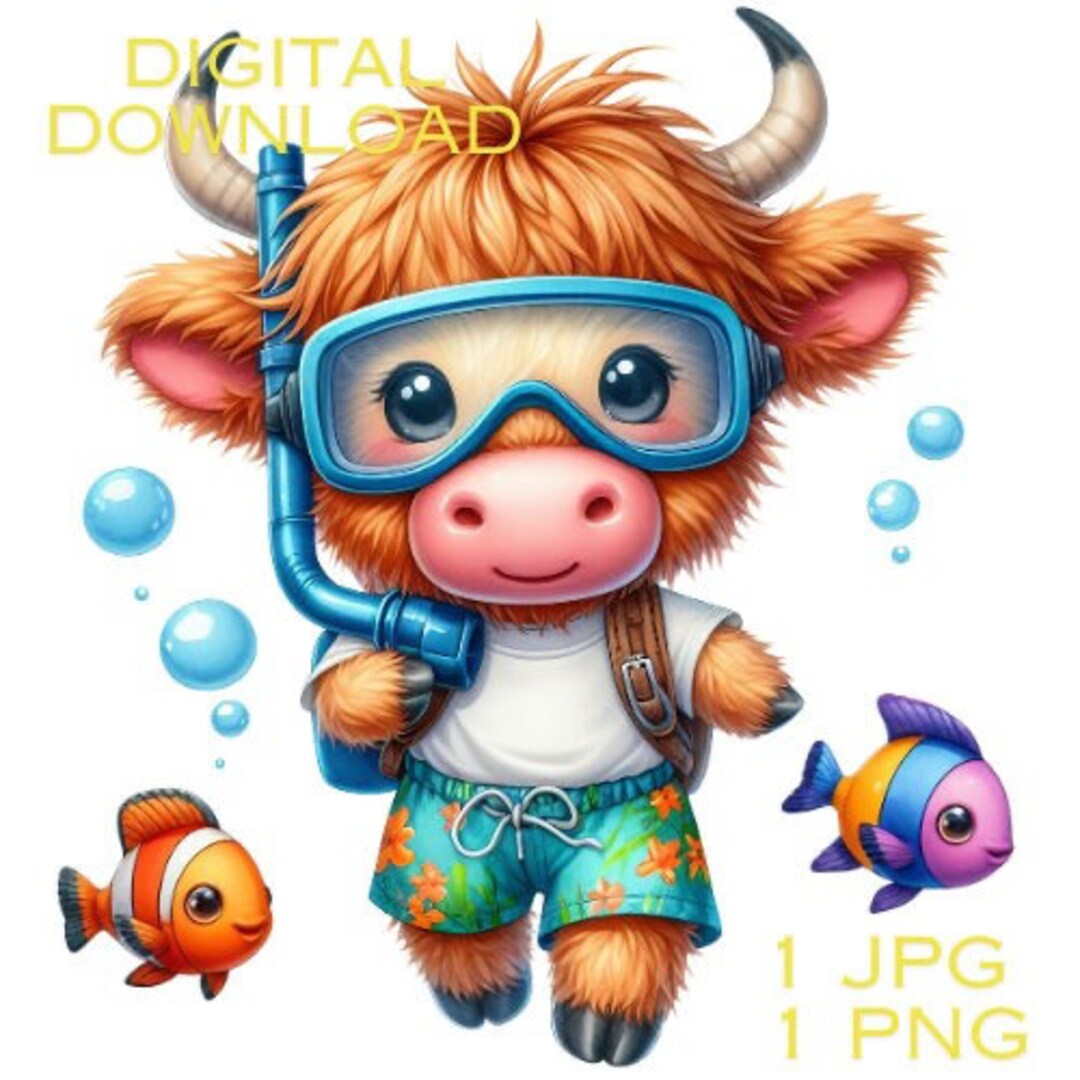 Highland Cow Watercolor Sea Diving Clipart Cute Baby Cow PNG and JPG ...