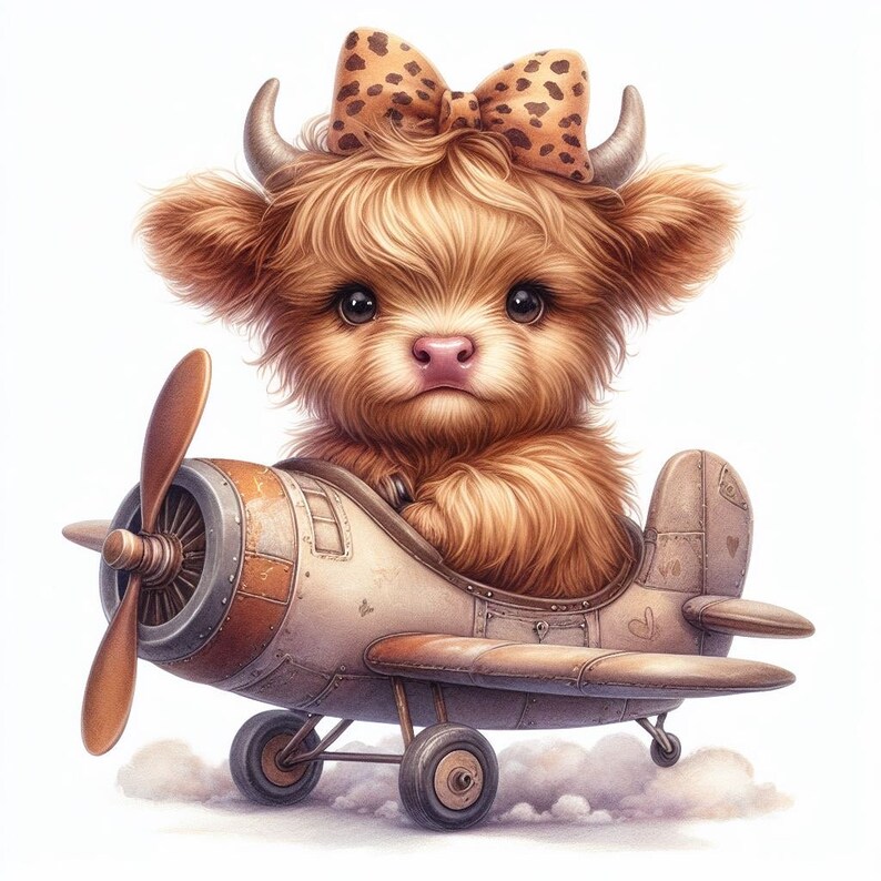 Highland Cow Watercolor Clipart Cute Pilot Baby Cow PNG and JPG Scottish Cow Graphic Design ...