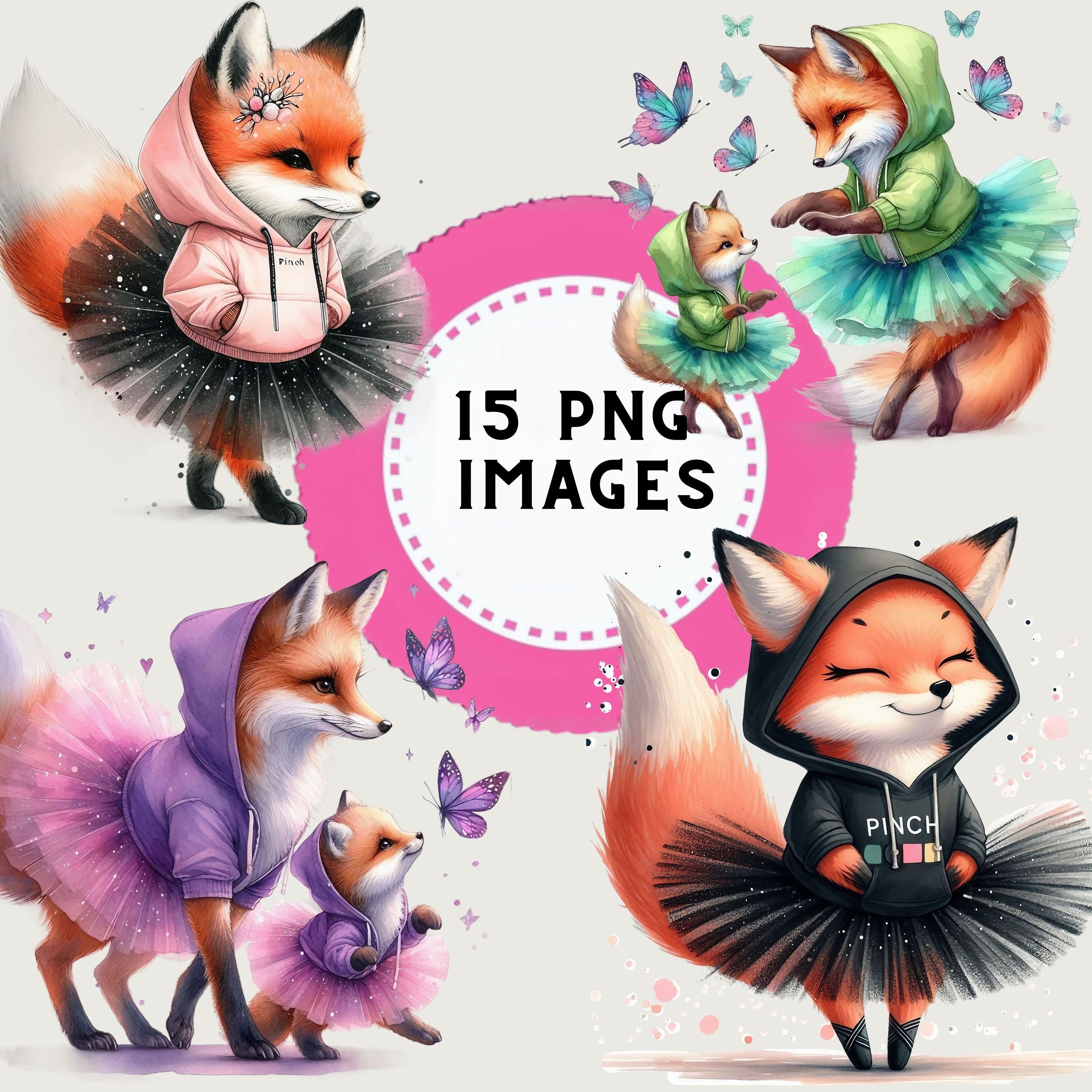 15 Cute Ballet Fox Watercolor PNG /JPG Pink Ballerina Clipart Magical ...