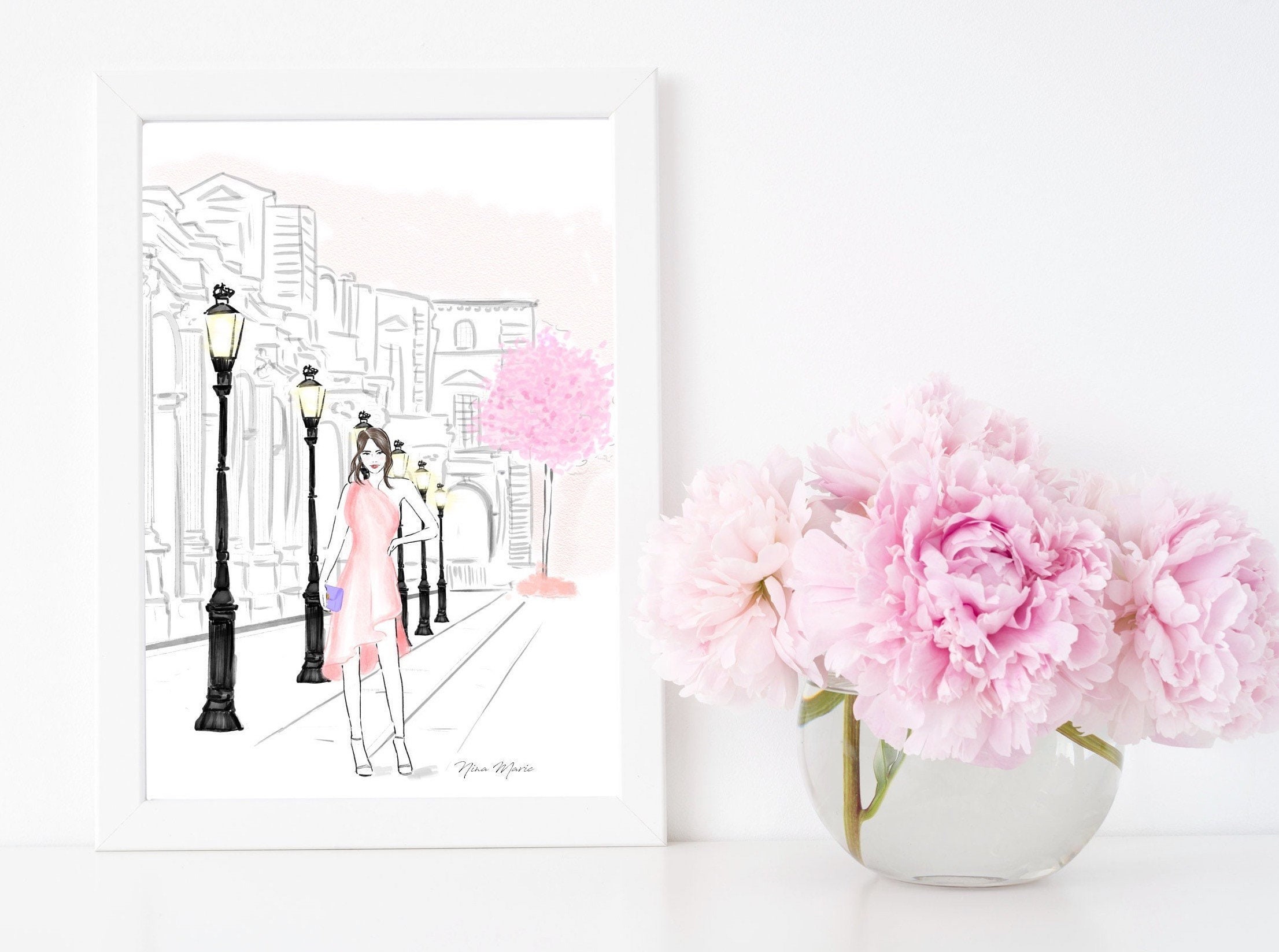 Spring City Fashion Art Print, Floral Art for Home Decor, Hand Painted ...