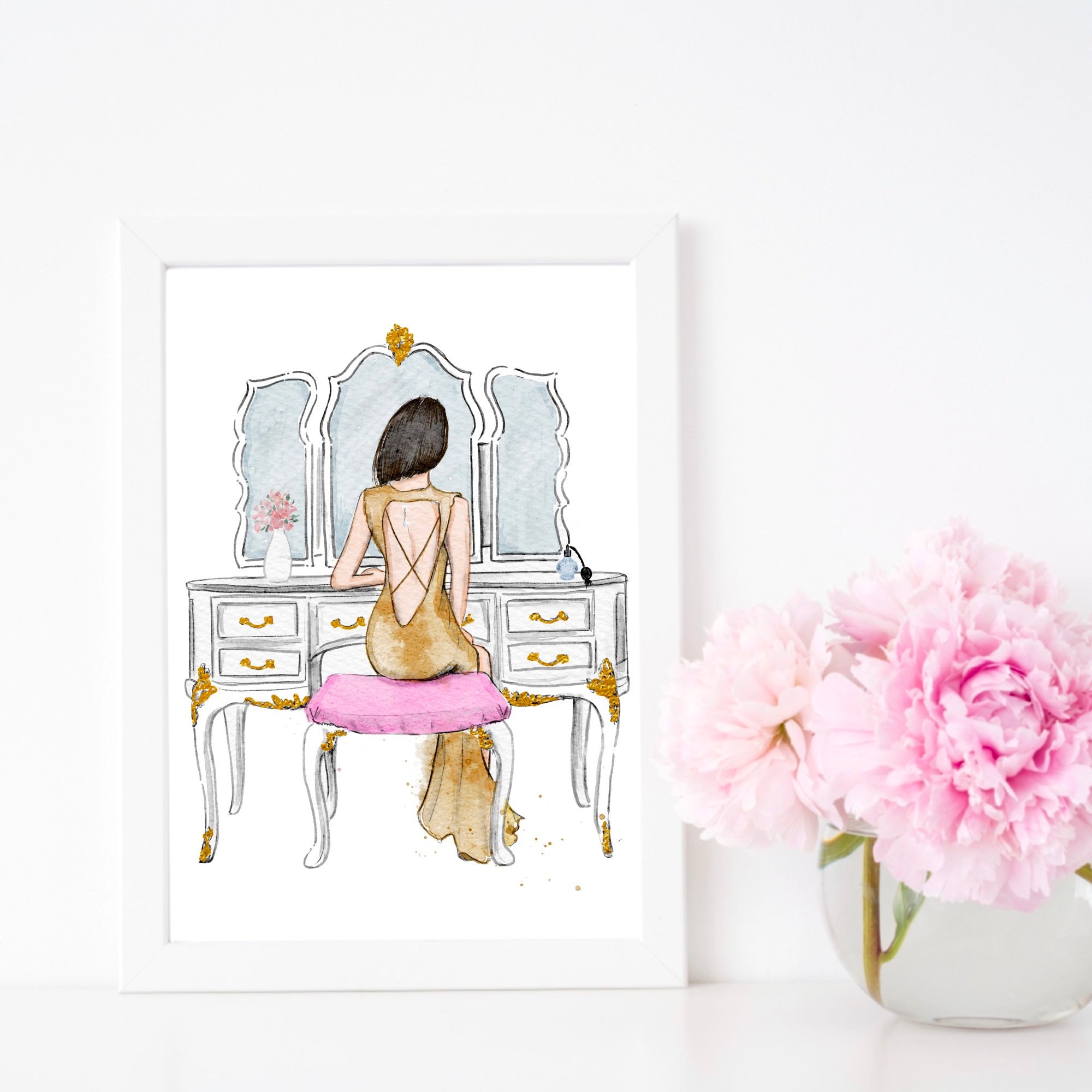 Art Print: Girl at Vanity (black Hair Available in Other Hair Colors ...