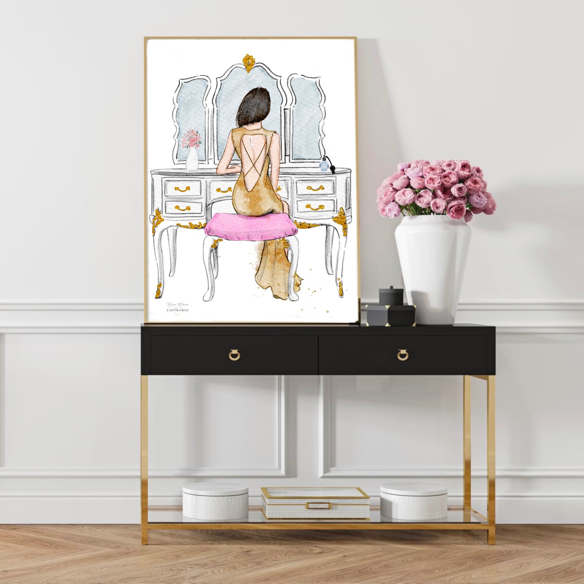 Art Print: Girl at Vanity (black Hair Available in Other Hair Colors ...