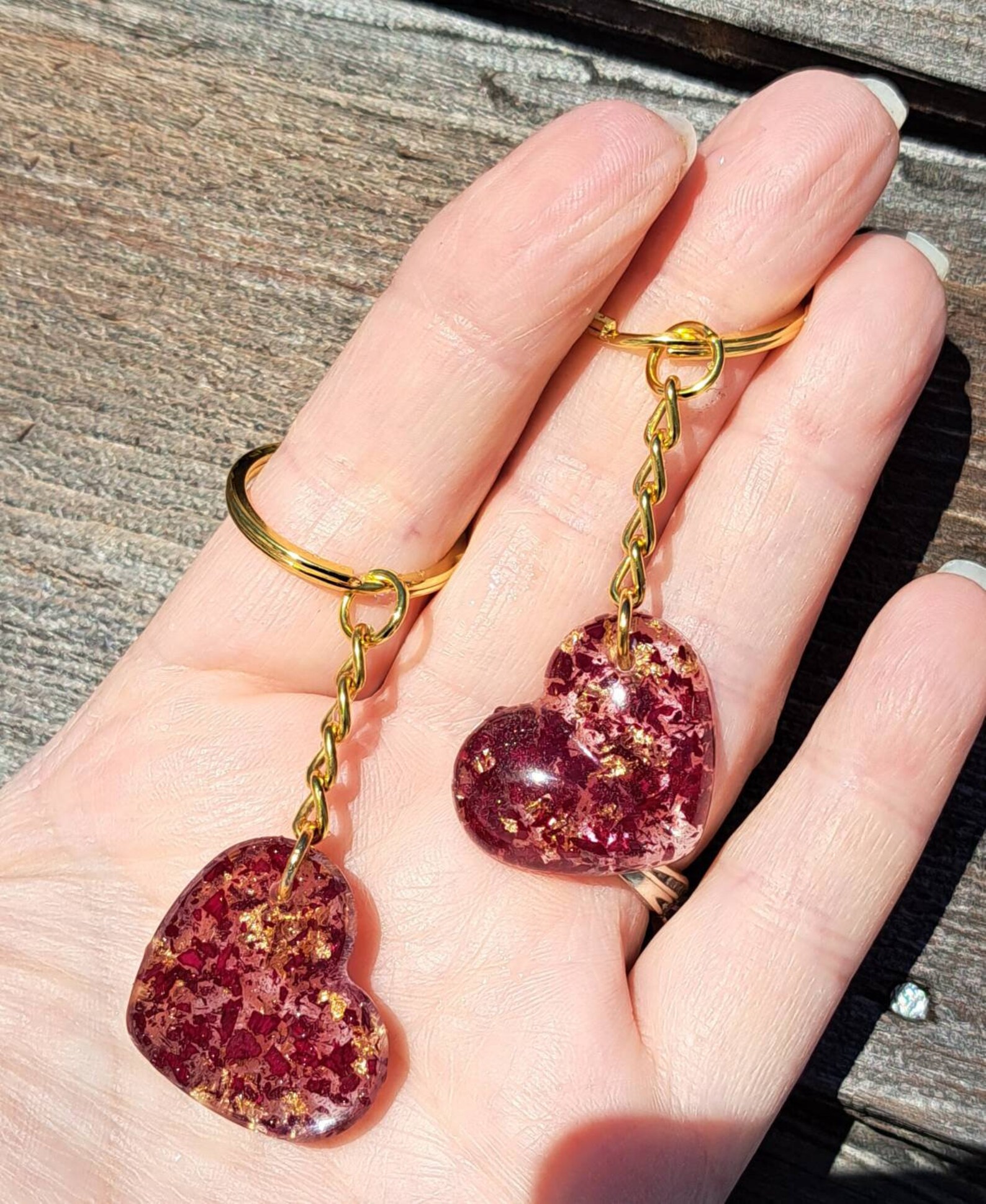 Heart Keychain. Red Rose Petals. Gold Flakes, Heart Keepsake, Dried ...