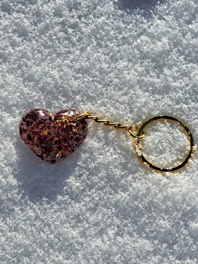 Heart Keychain. Red Rose Petals. Gold Flakes, Heart Keepsake, Dried ...