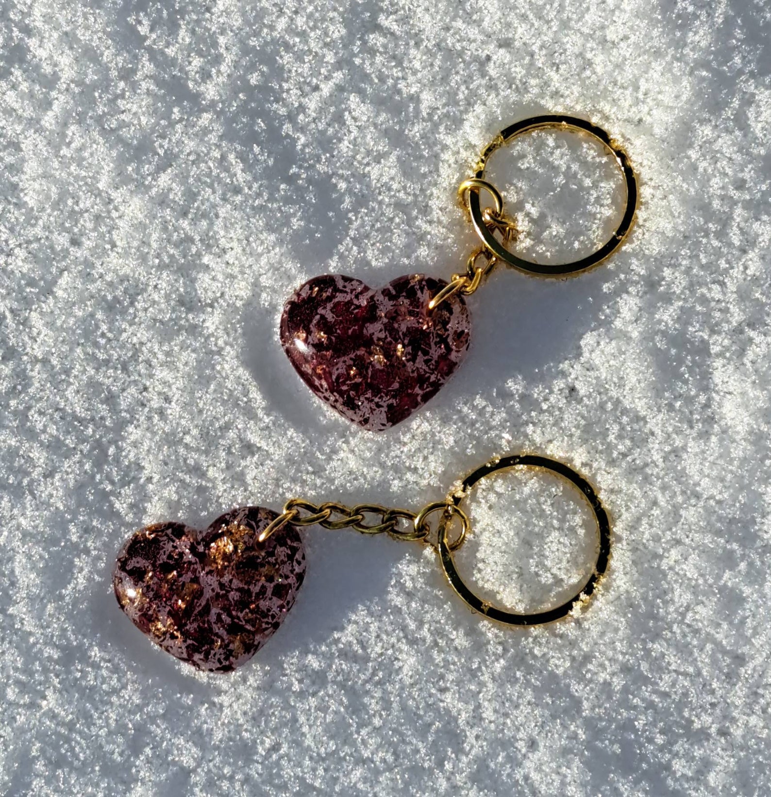 Heart Keychain. Red Rose Petals. Gold Flakes, Heart Keepsake, Dried ...