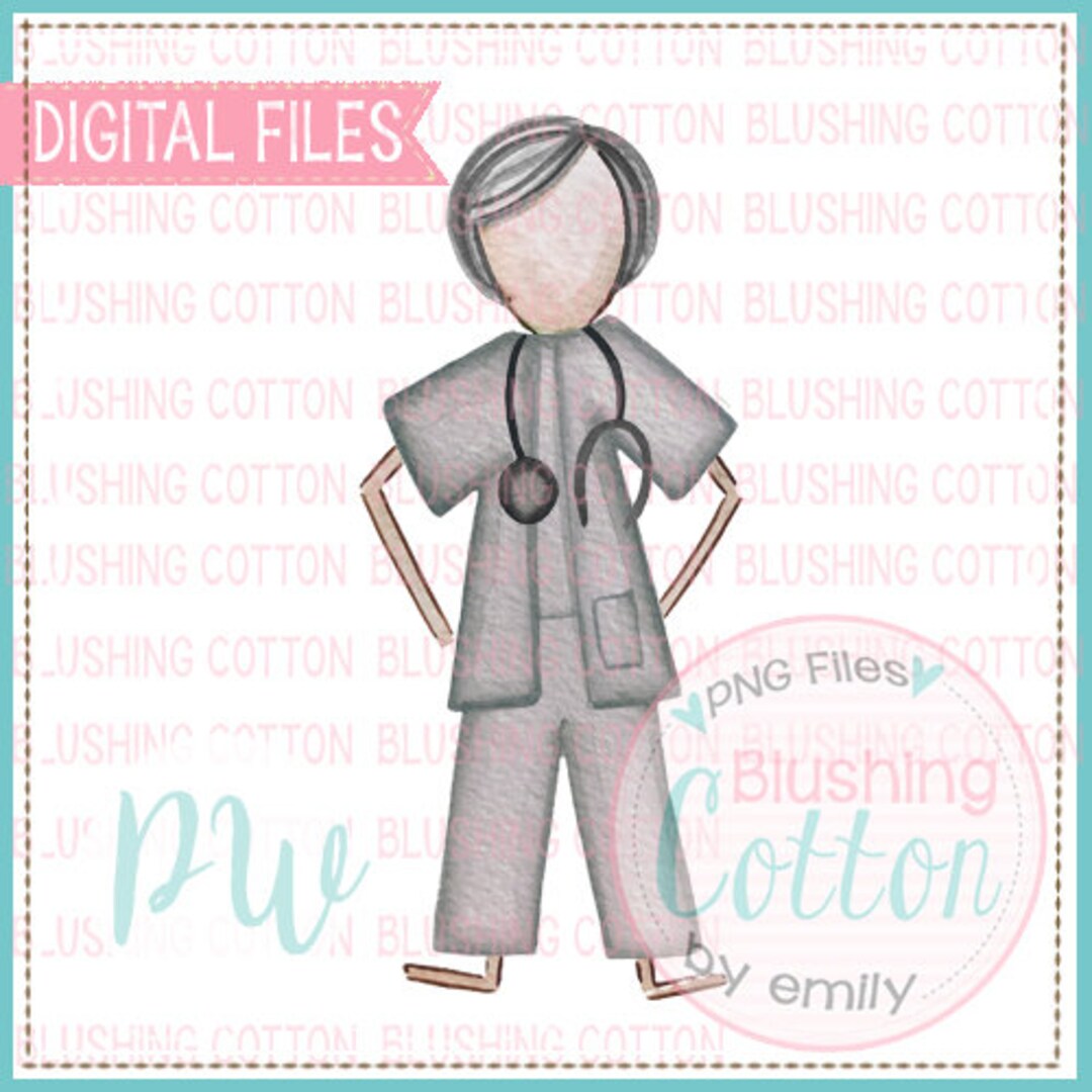 Stick Figure Adult Male Doctor Gray Hair Watercolor PNG Artwork Digital ...