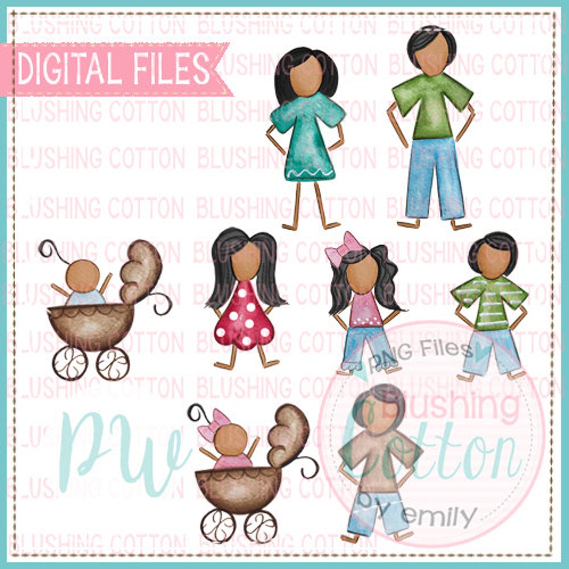Stick Figure African American Family Bundle Watercolor PNG - Etsy