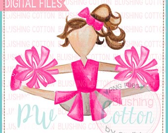 Cheerleader Pink Pom Poms Brunette Hair Watercolor PNG Artwork - Etsy