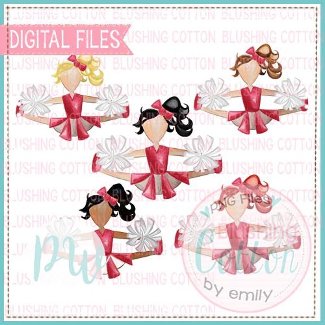 Cheerleader Set Red and White Pom Poms Bundle Watercolor PNG Artwork ...