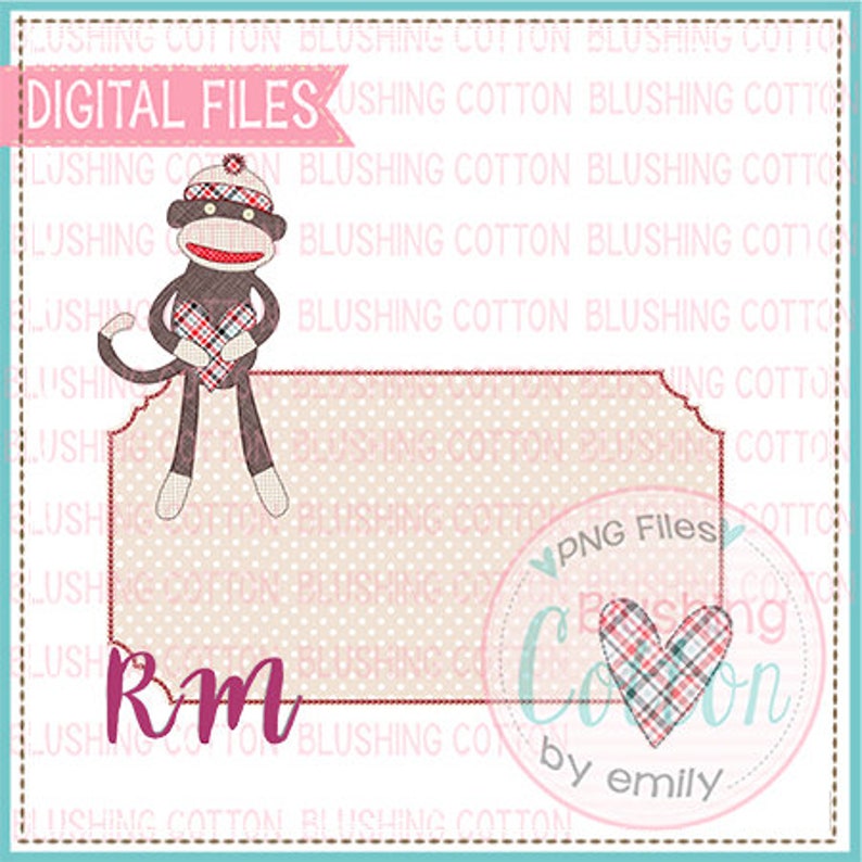 Patchwork Sock Monkey Name Tag PNG Watercolor Artwork Digital File for ...