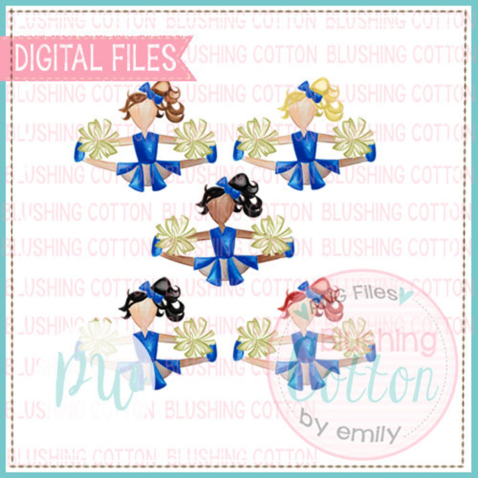 Cheerleader Set Royal Blue and Gold Pom Poms With Four Hair Watercolor ...