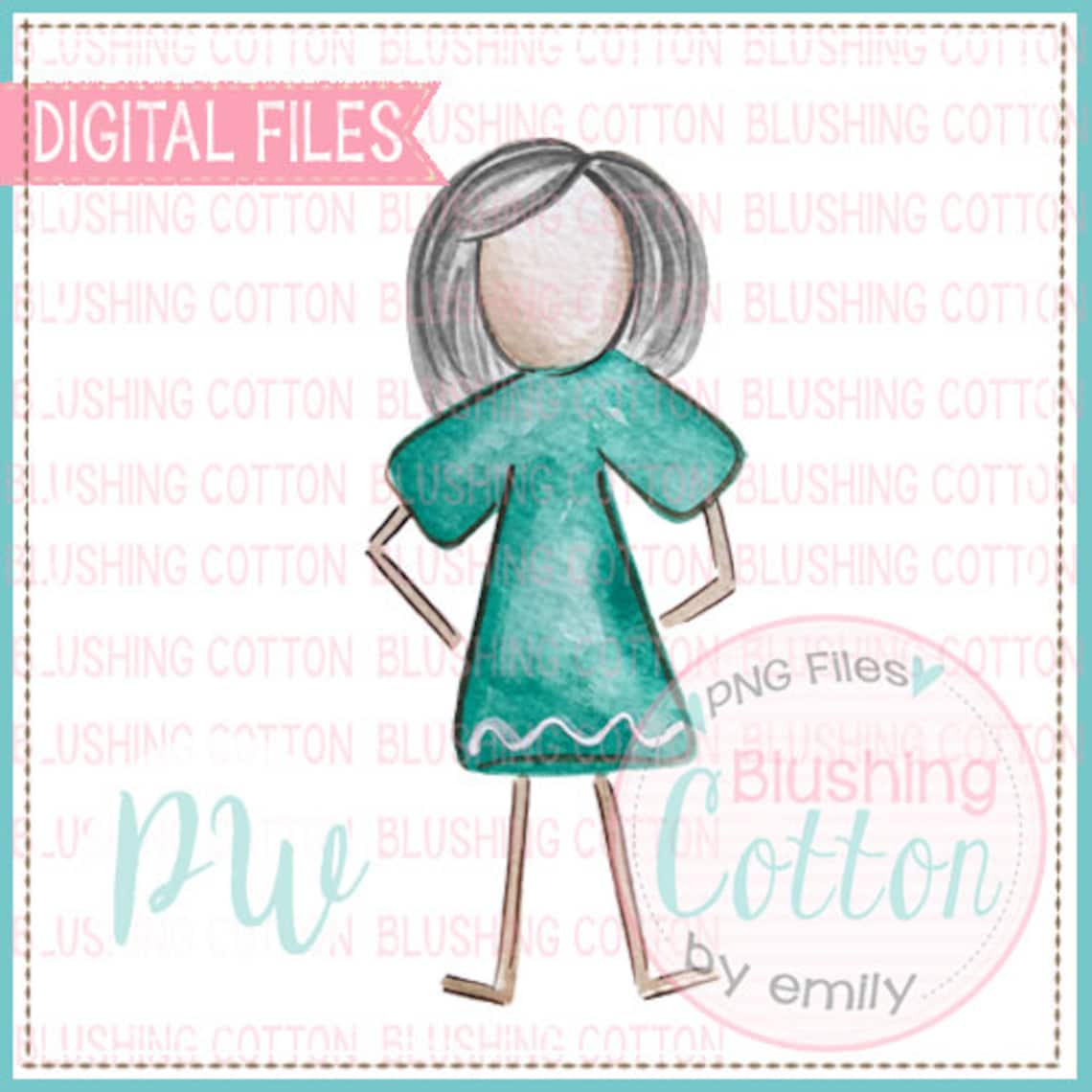 Stick Figure Adult Female With Gray Hair Watercolor PNG Artwork Digital ...