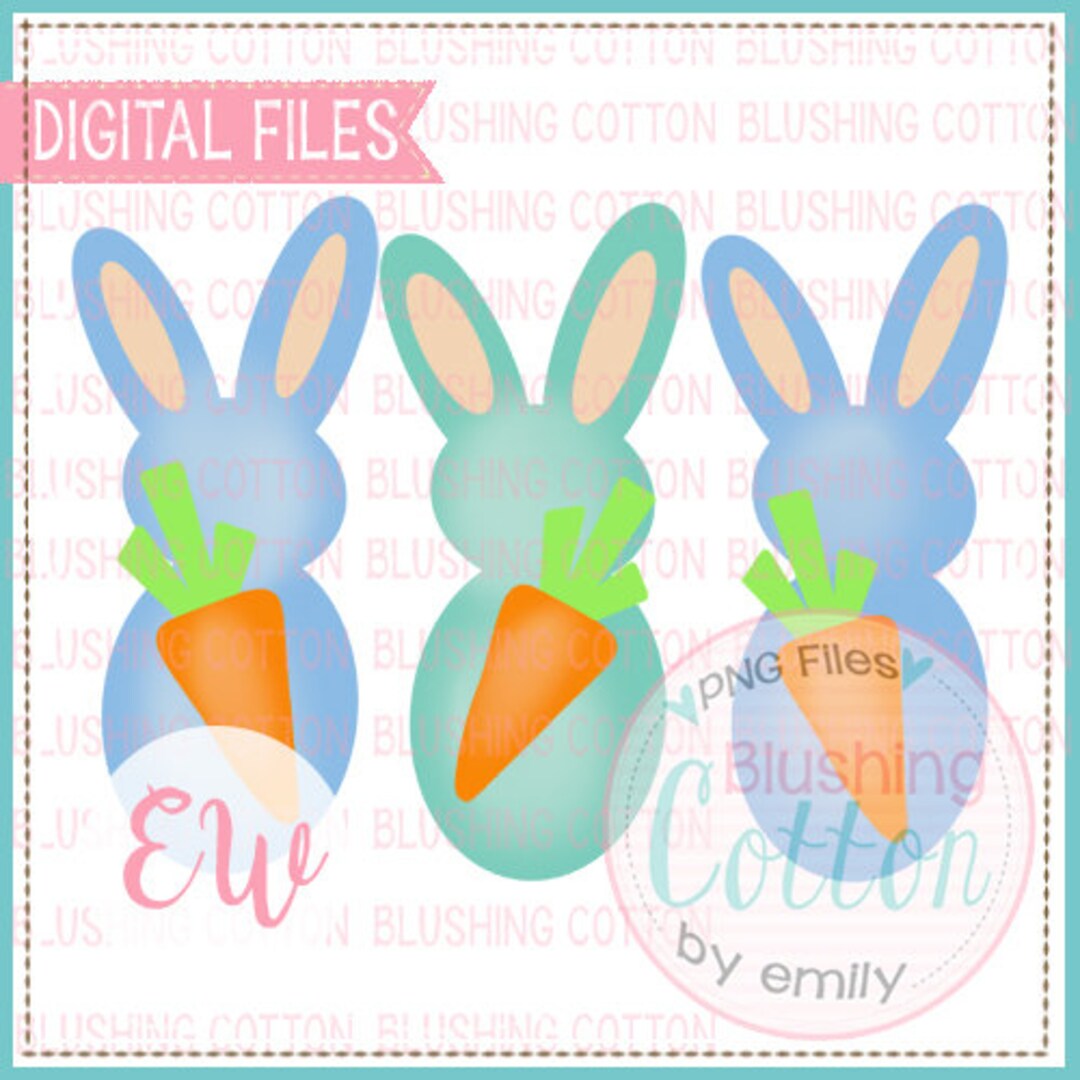 Bunnies and Carrot Blue and Green Watercolor PNG Artwork Digital File ...