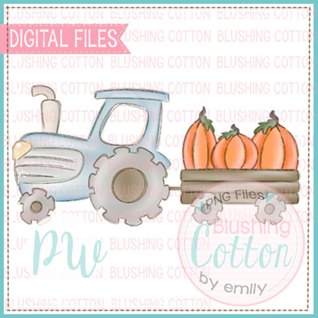 Blue Tractor Pulling Wagon With Pumpkins Design Watercolor PNG Artwork ...