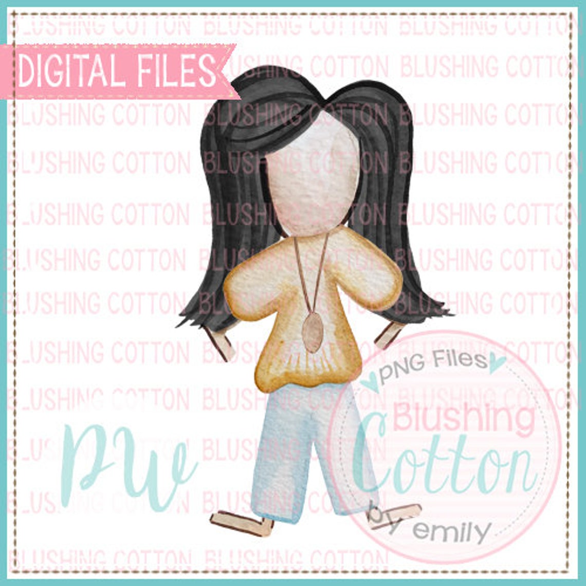 Stick Figure Teenage Girl Black Hair Watercolor PNG Artwork - Etsy