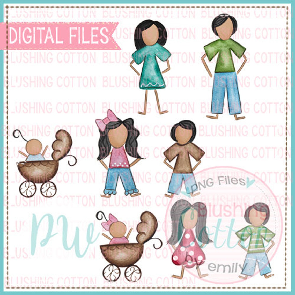 Stick Figure Medium Skin Tone Family Bundle Watercolor PNG Artwork ...