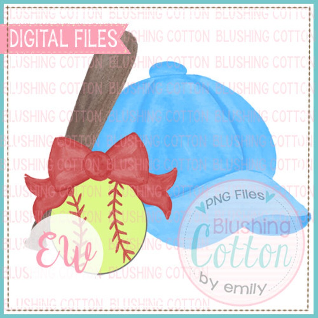 Softball Cap Light Blue Red Bow Bat Softball Watercolor Design - Etsy