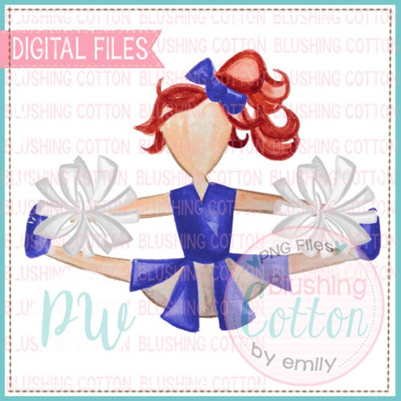 Cheerleader Royal Blue and White Pom Poms Red Hair Watercolor - Etsy