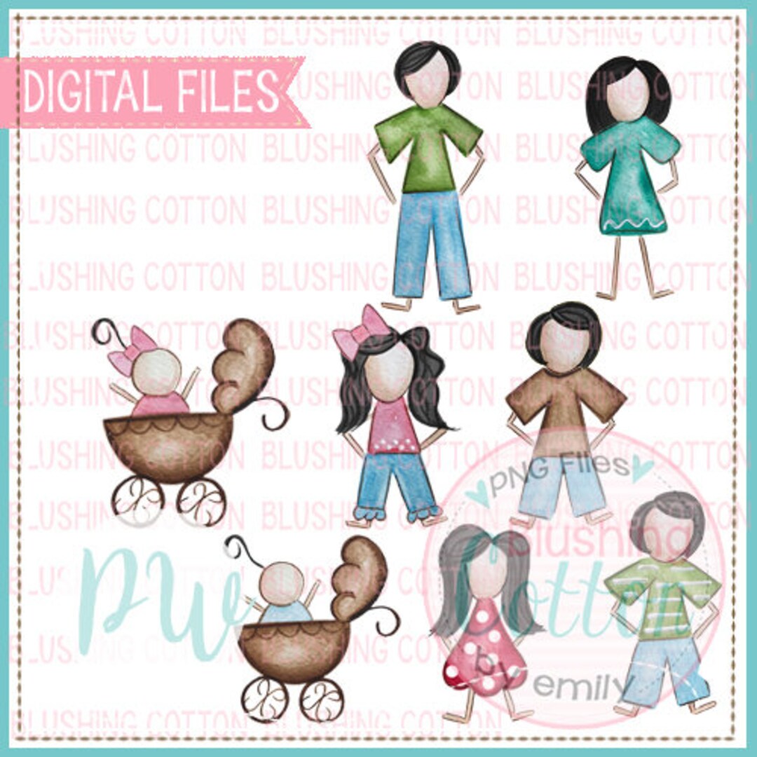 Stick Figure Black Hair Family Watercolor PNG Artwork Digital File ...