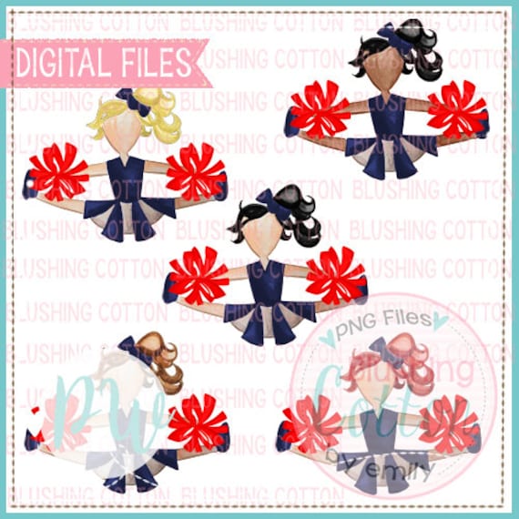 Cheerleader Navy and Red With Pom Poms Bundle Watercolor PNG - Etsy