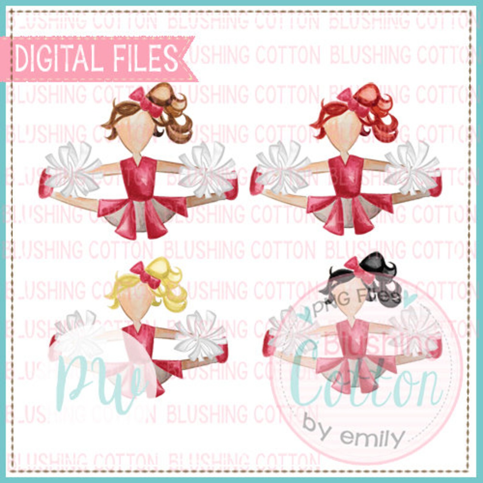 Cheerleader SET Red and White Pom Poms With Four Hair Watercolor PNG ...