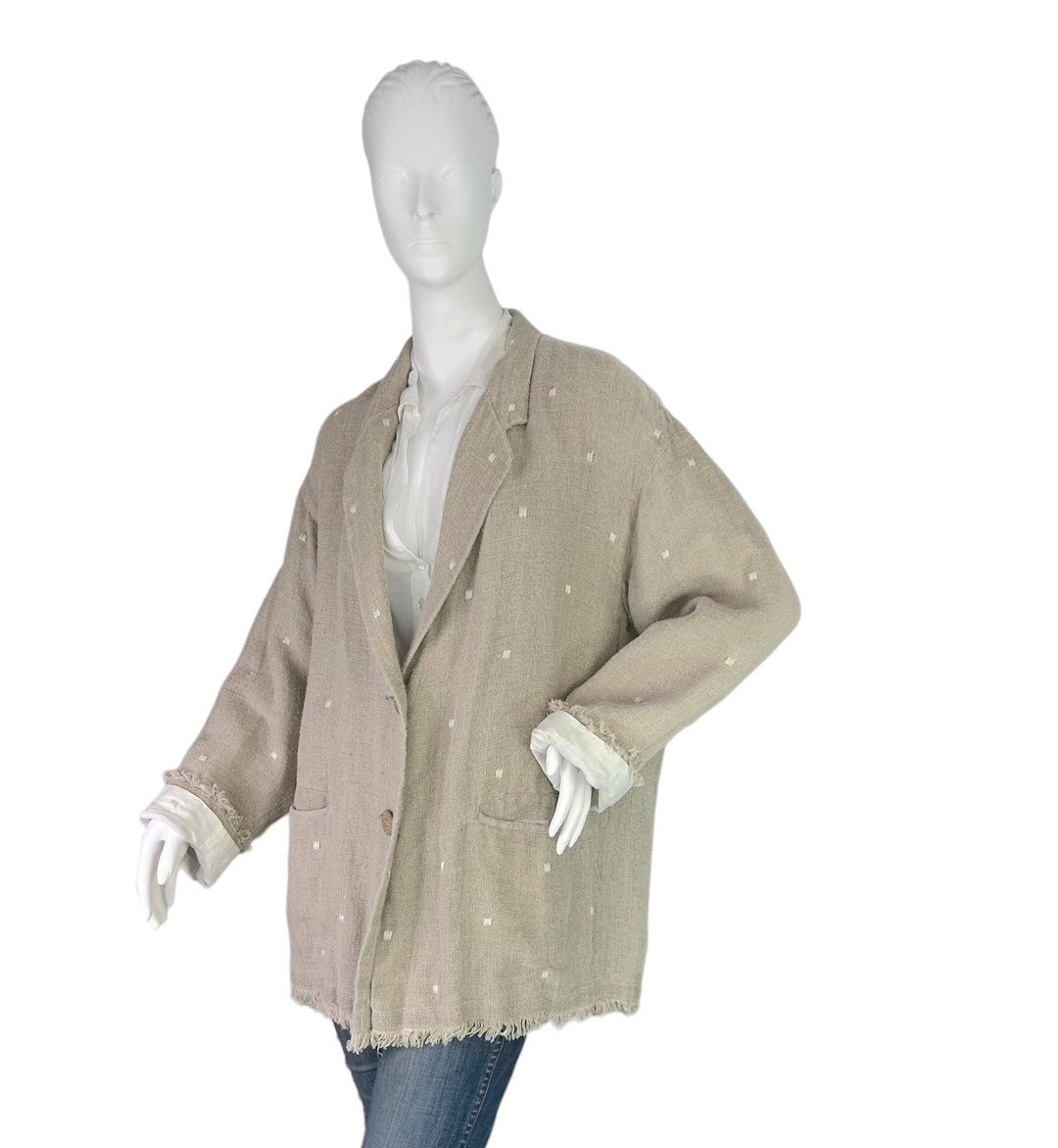 Issey Miyake Vintage Unstructured Tan Linen Jacket Blazer Raw Hems Size ...