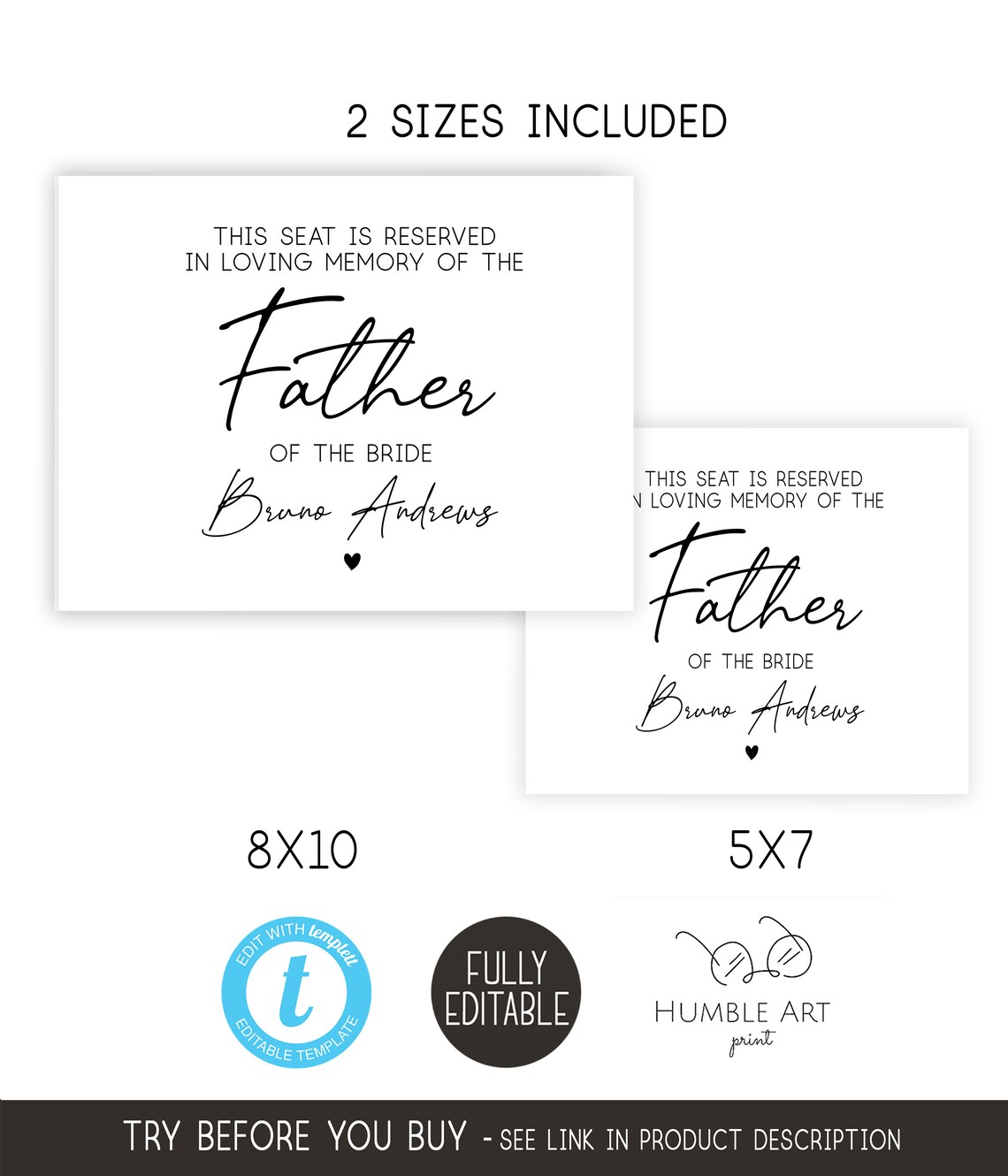 Father of the Bride Memorial Sign for Wedding, Reserved Wedding Sign ...