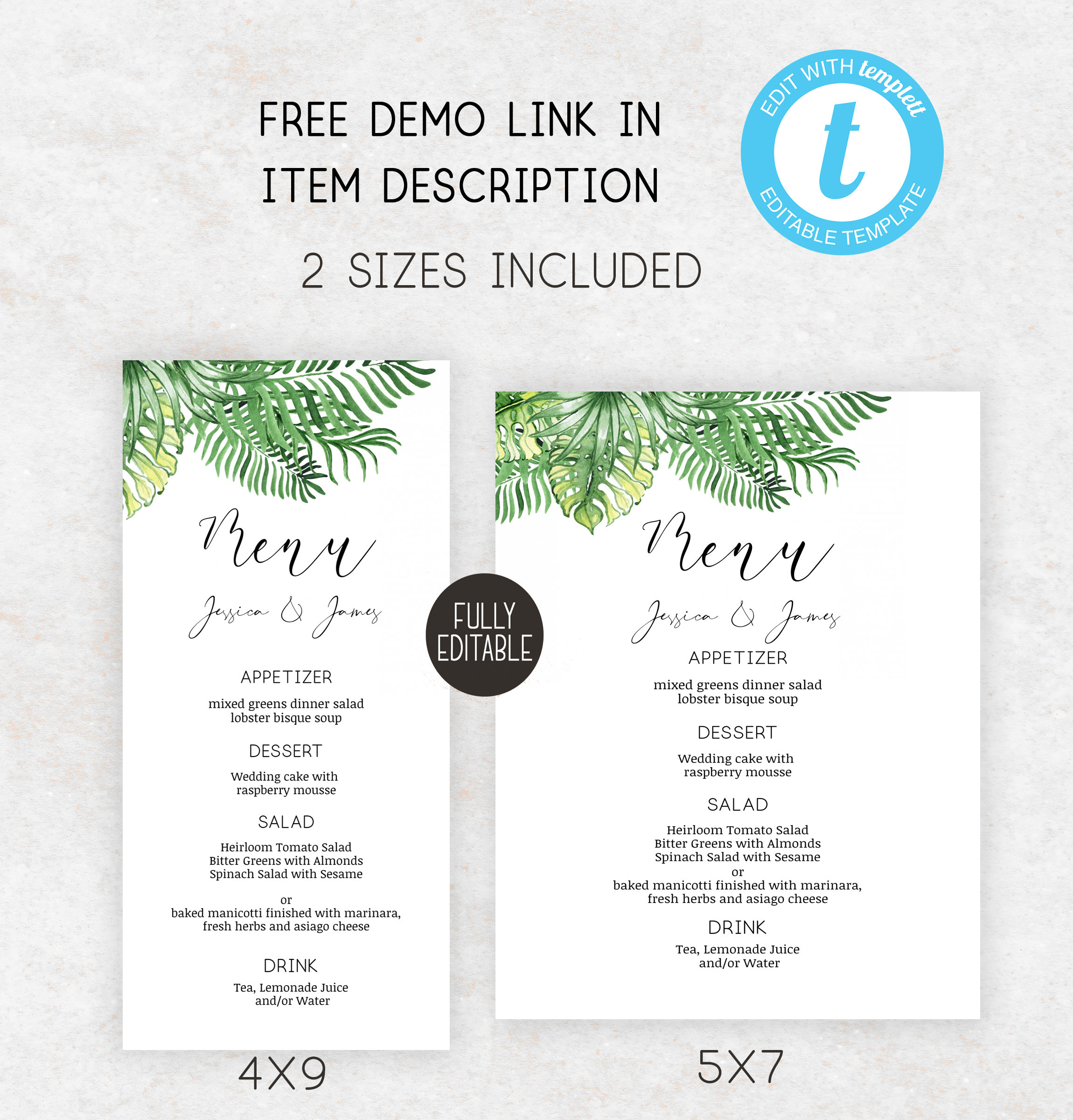 Tropical Menu Template simple Wedding DIY Menu Palm Tree - Etsy