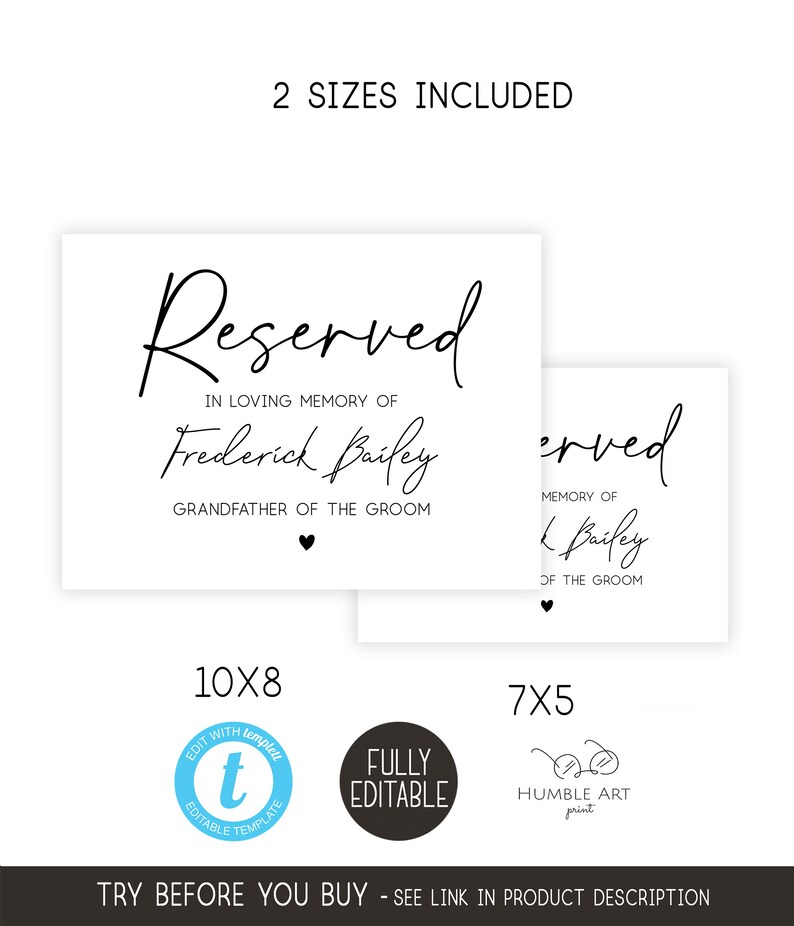 Reserved Wedding Sign, Personalized Reserved in Loving Memory of Custom ...