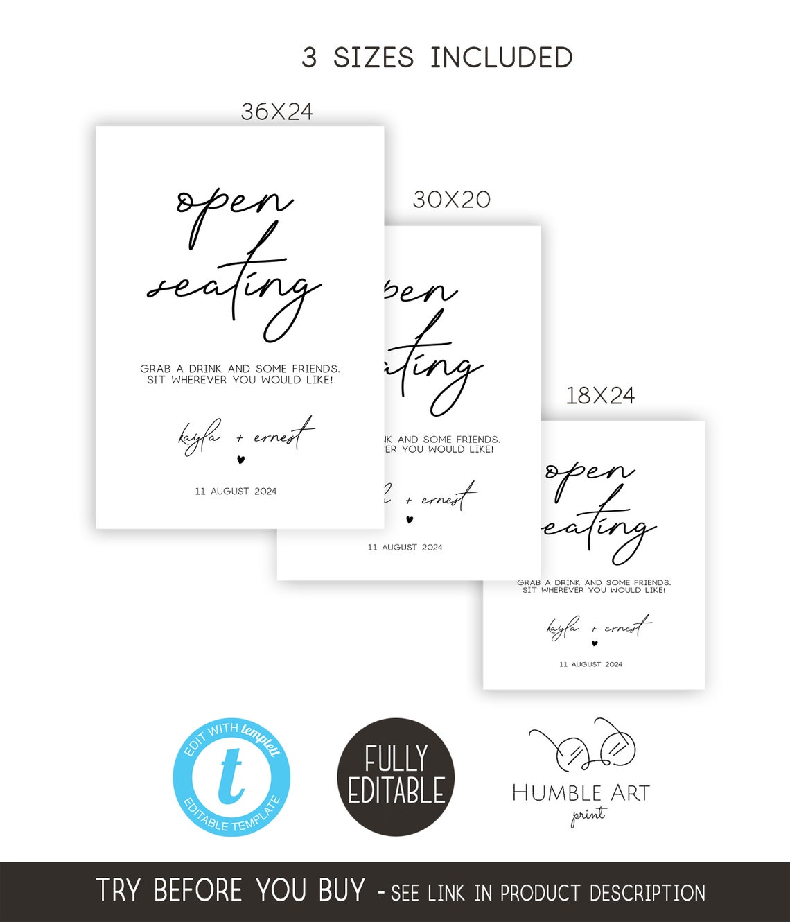 Open Seating Sign Template Modern Wedding Signage Printable - Etsy