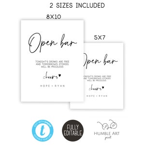 Wedding Open Bar Sign Template, Printable Bar Sign, Editable Wedding ...