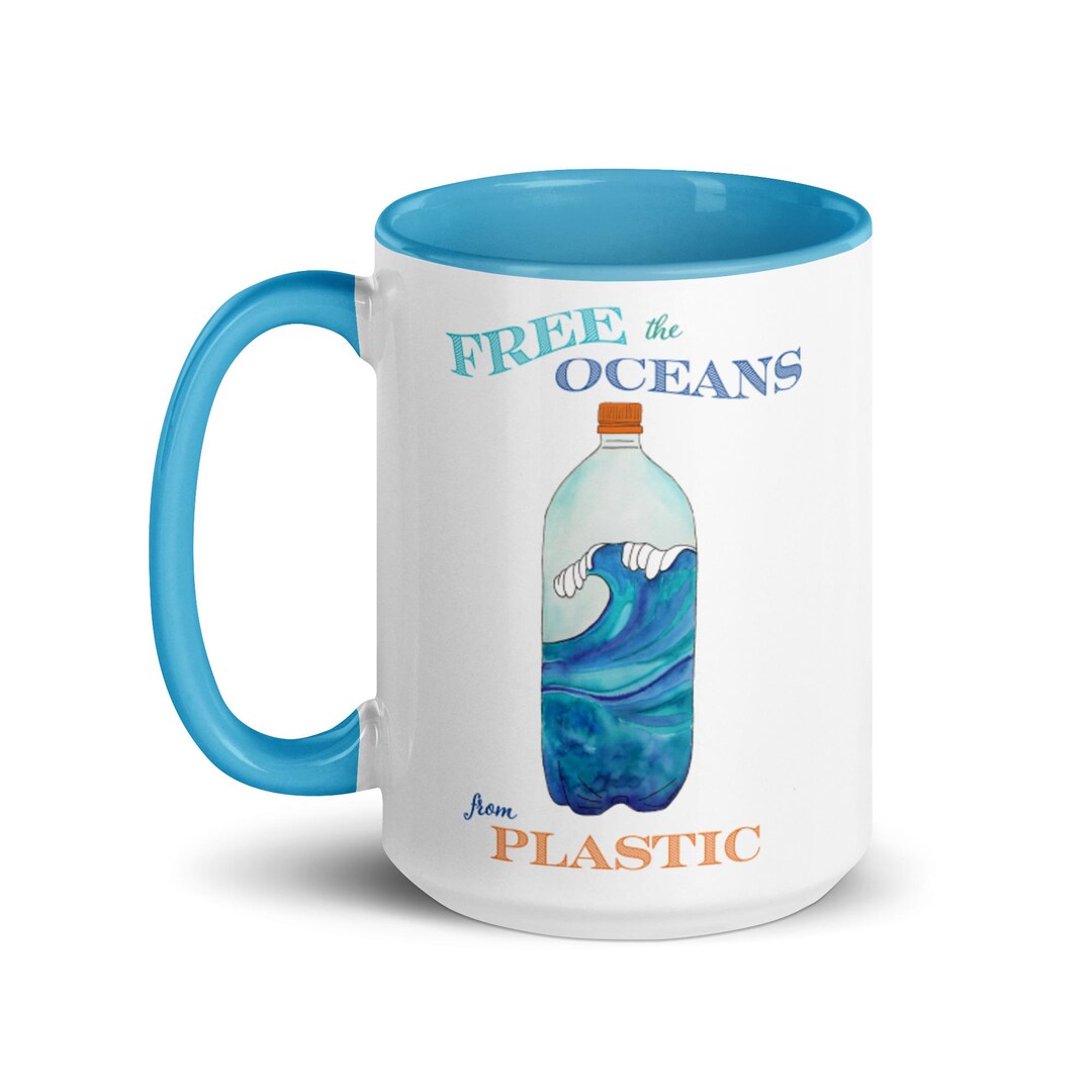 FREE THE OCEANS From Plastic Ceramic Mug| 15 Oz| Blue Handle| Recycle ...