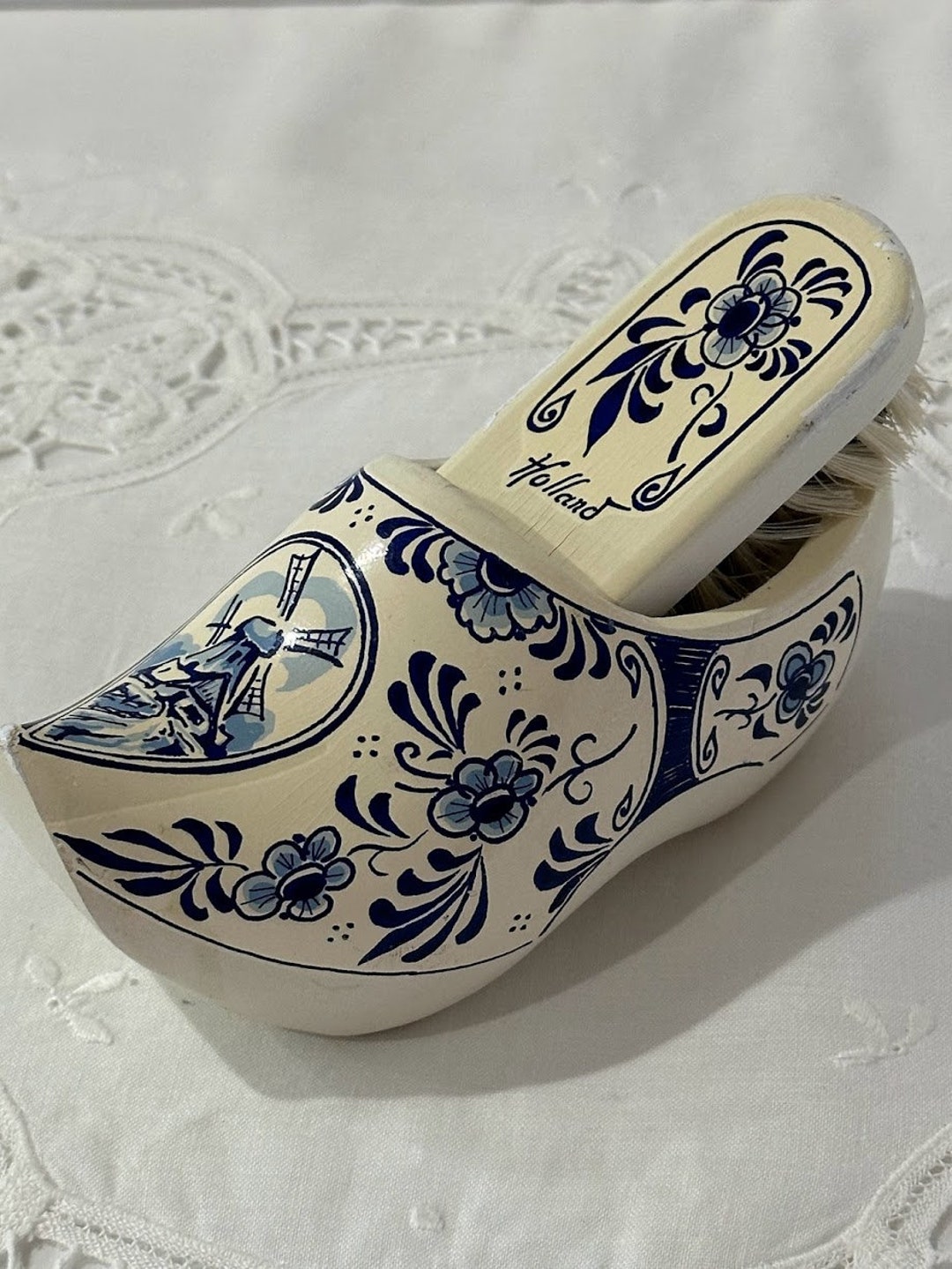Delft Wooden Dutch Shoe W/ Shoe Brush ~ Hand Carved & Hand Painted From ...