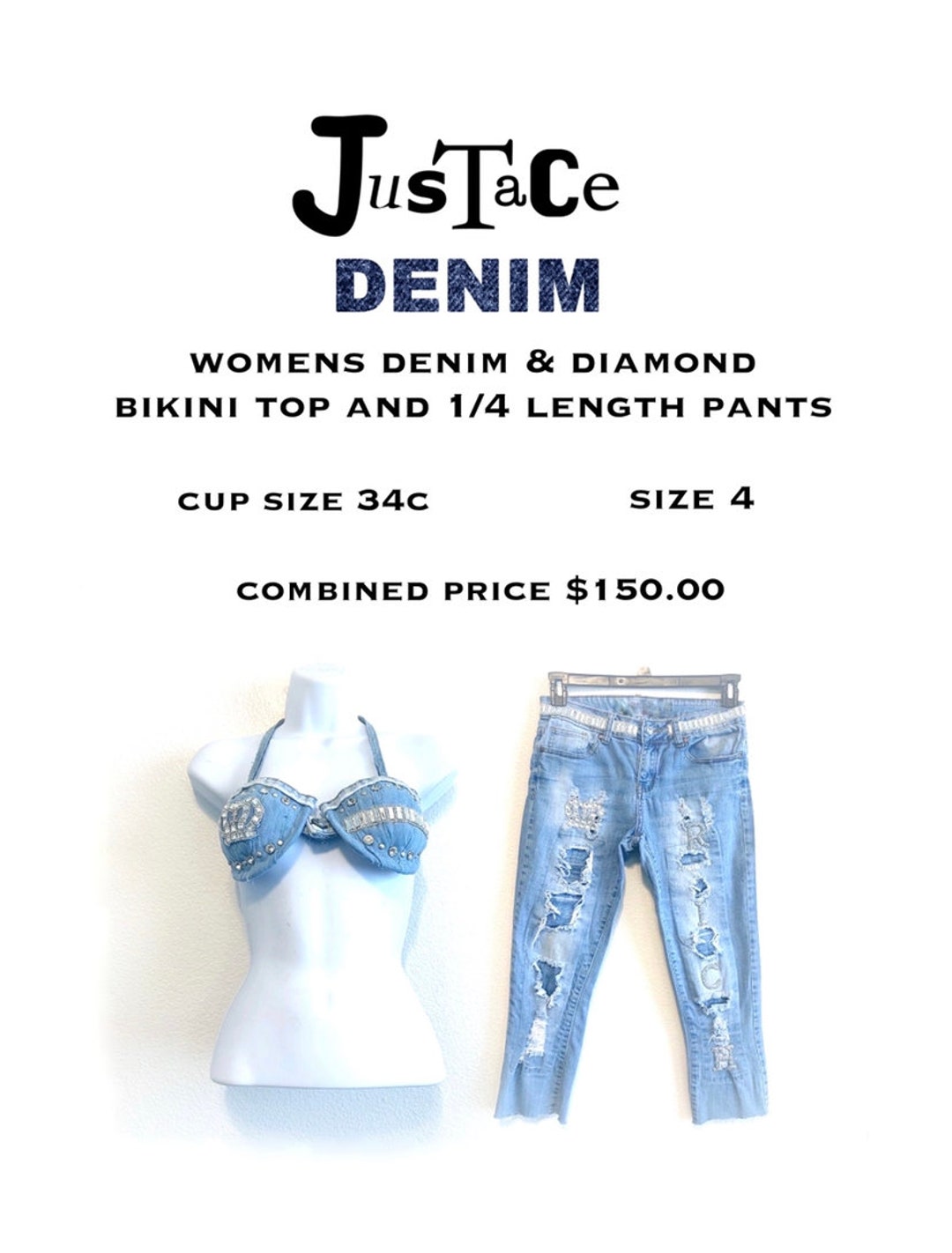 Women's Light Blue Denim Bikini Top and 1/4 Legnth Pants - Etsy