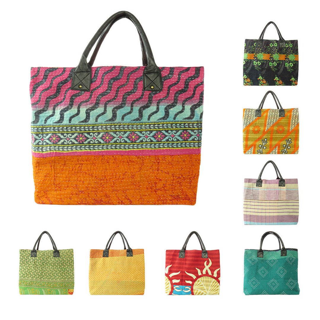 Vintage Kantha Tote Bag With Leather Handle / Vintage Kantha - Etsy