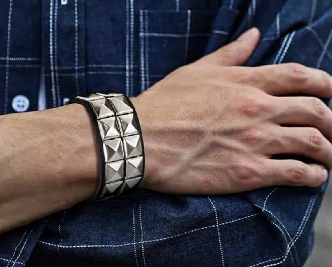 Studded Punk Rock Bracelettwo Rows Pyramid Wrist Cuffrivet - Etsy
