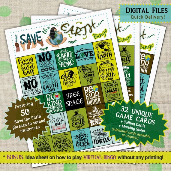Save Planet Earth Bingo Game Earth Day April 22 Celebration | Etsy
