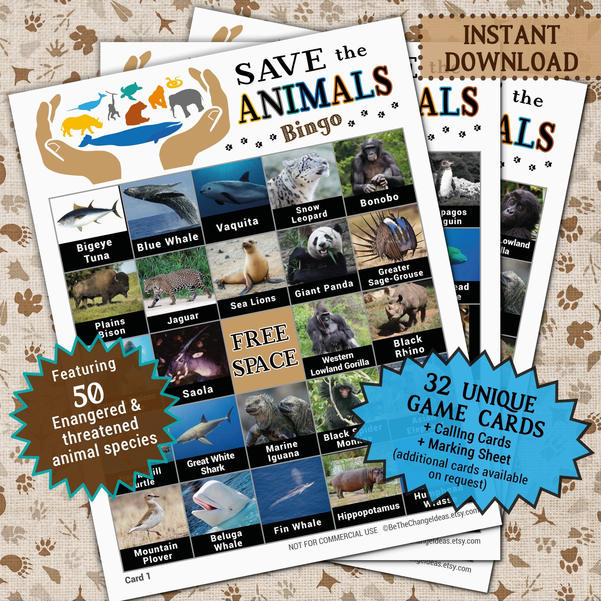 Save the Animals Bingo Game Endangered Species Prevention Cruelty Day ...
