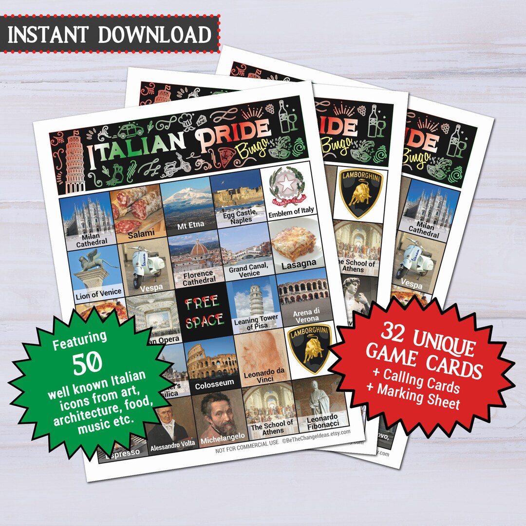 Italian Pride Bingo Digital Download Printable Party Game | Italian ...