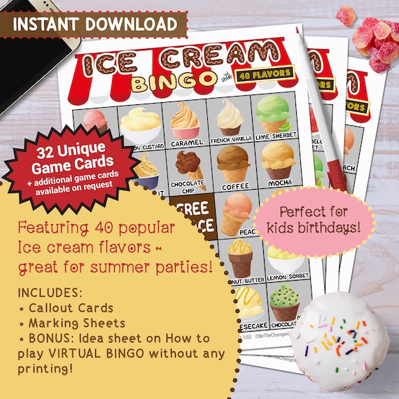 Ice Cream Bingo Game National Icecream Month Day Zoom Summer - Etsy