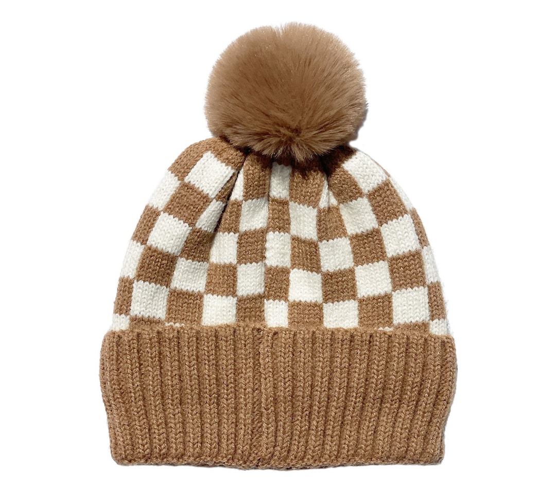 Checker Pom Beanie - Camel - Etsy