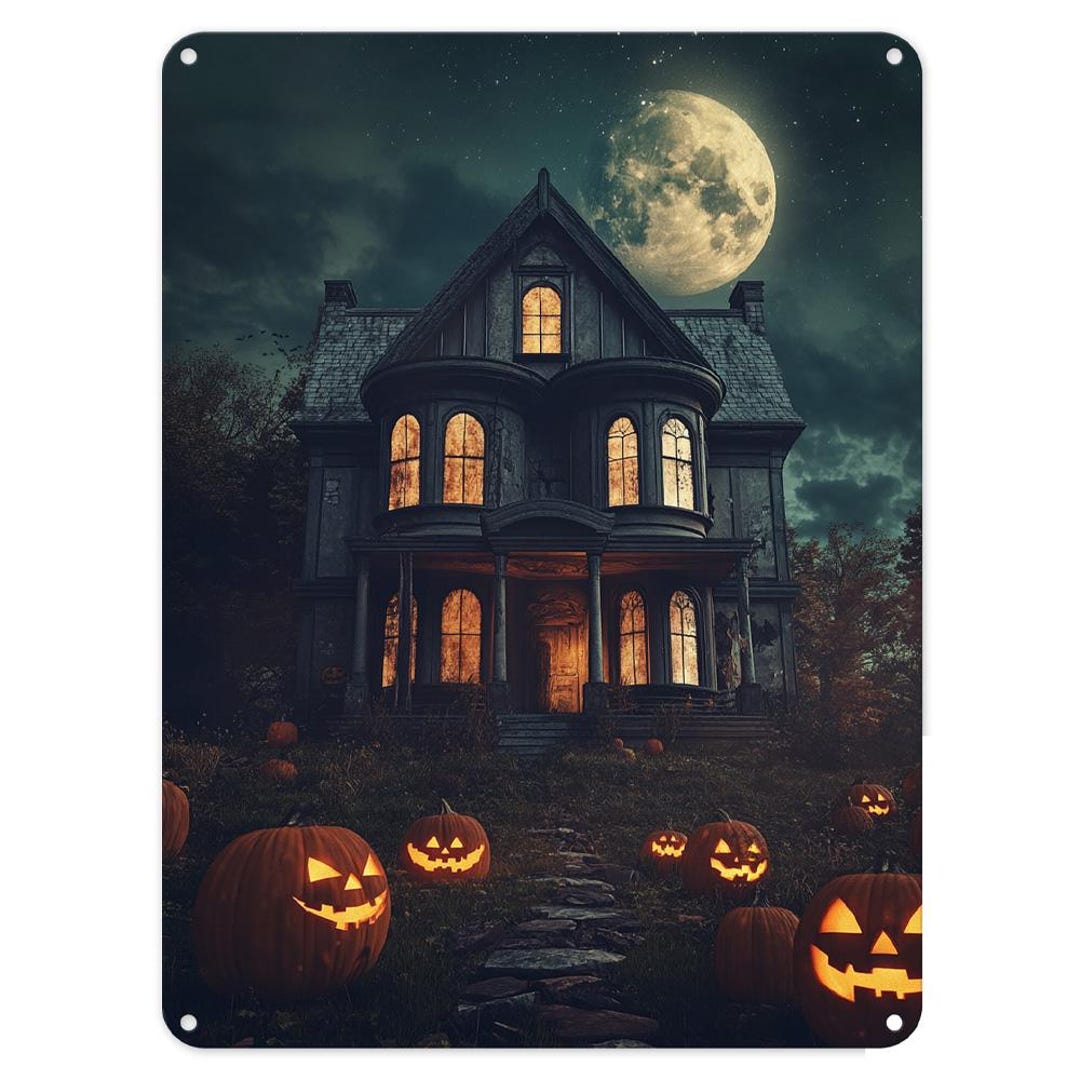 Haunted House Spooky Night Time Moon Metal Tin Sign Poster Wall Art ...