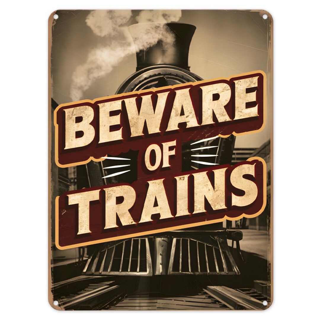 Beware of Trains Steam Rail Tracks Metal Tin Sign Poster Wall Art ...