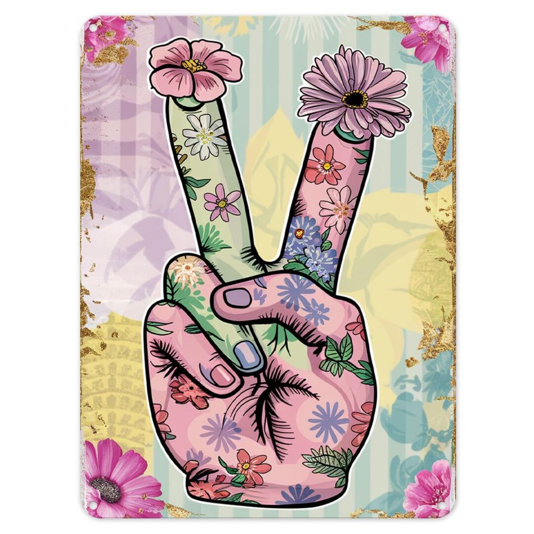 Floral Girly Peace Hand Sign Chic Metal Tin Sign Poster Wall Art Plaque ...