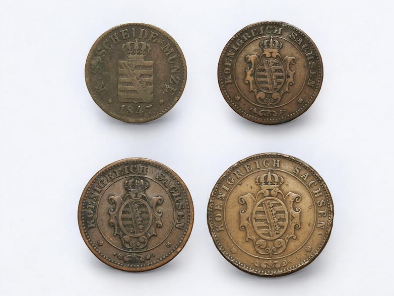 Old German Saxony Coins 1+2+5 Pfennige and 1 Silver Groschen 1860's ...