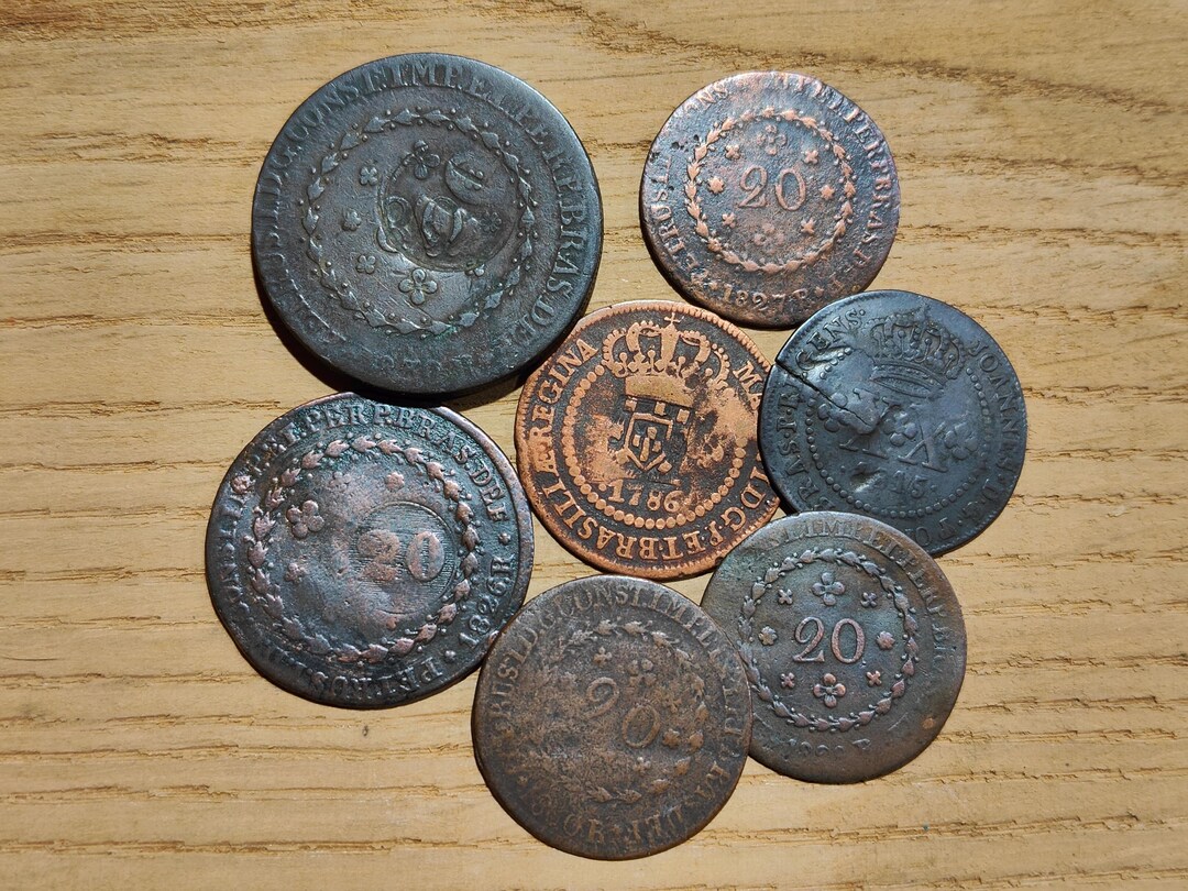Rare Brazil Antique Coin Collection – 7 Pcs 1800s Copper Reis Coins ...