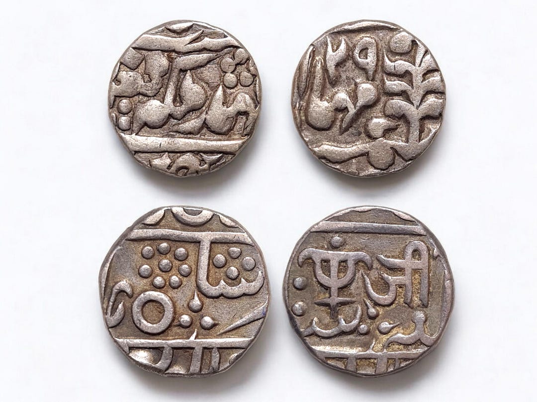 Old 2 Indian Silver Coins Jaipur 1/4 Rupee 1880~ and Gwalior Rupee 1865 ...